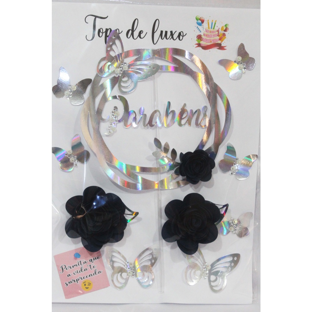 Topper de bolo - Parabéns Prata com Preto | Shopee Brasil