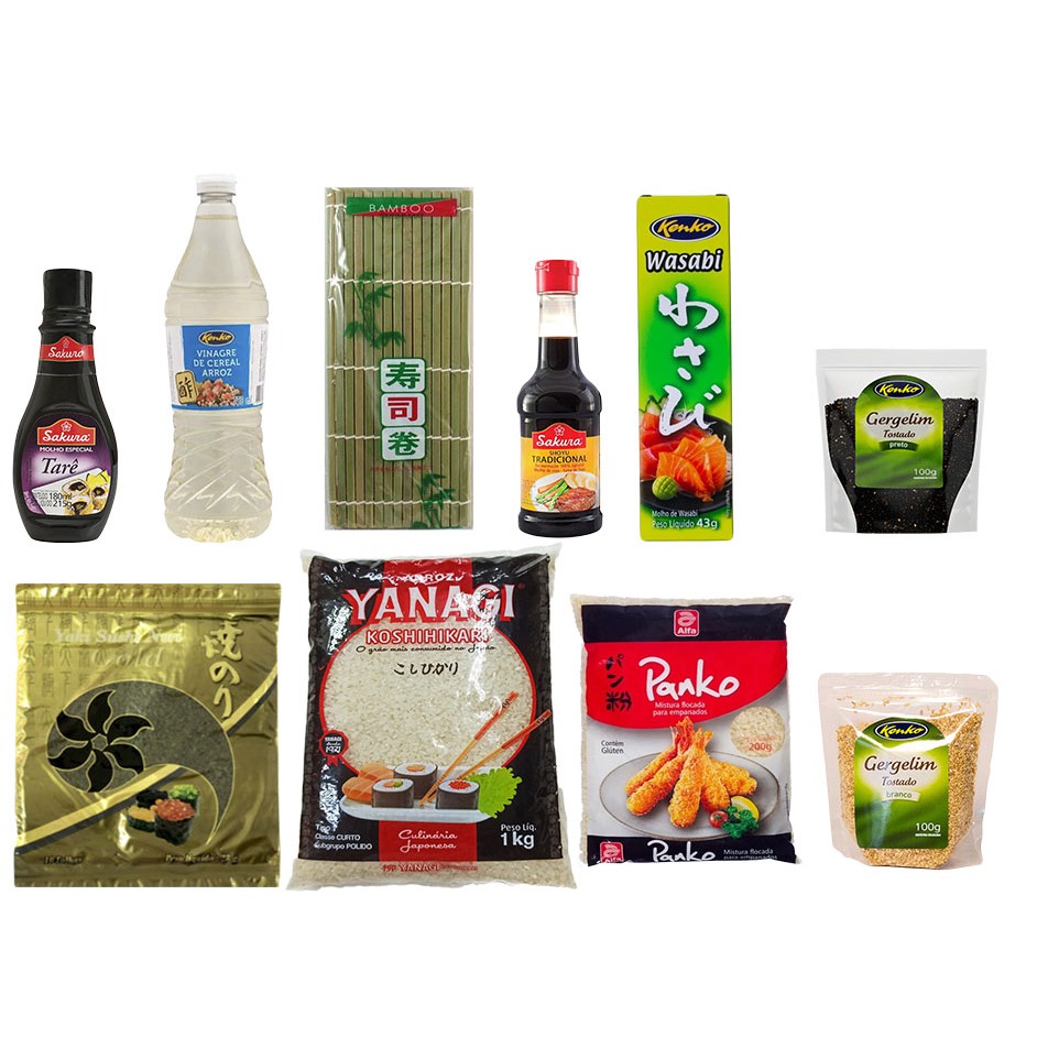 Kit Sushi 10 Itens Wasabi Tare Vinagre Esteira Shoyu Molheira Forma ...