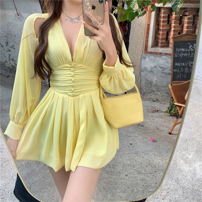 Vestido De Manga Comprida Coreano Amarelo Com Decote Em V | Shopee Brasil