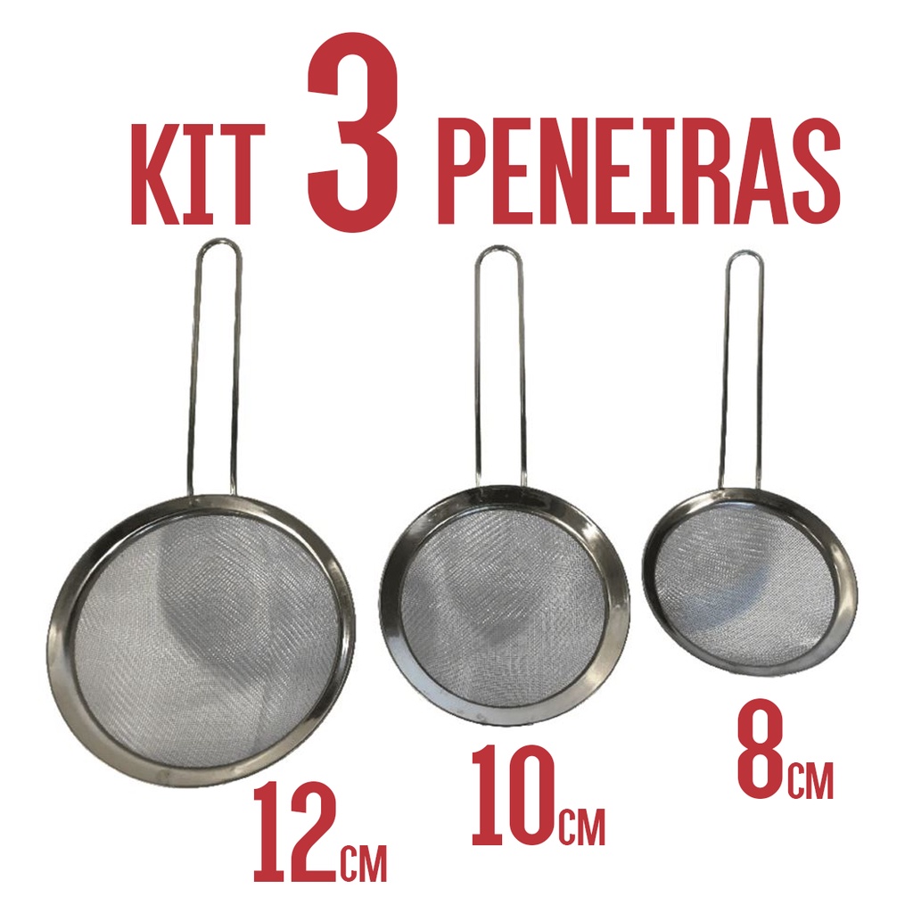 Kit 3 Peneira em Aço Inox Original, dimensões 8CM 10CM 12CM Promoção ...