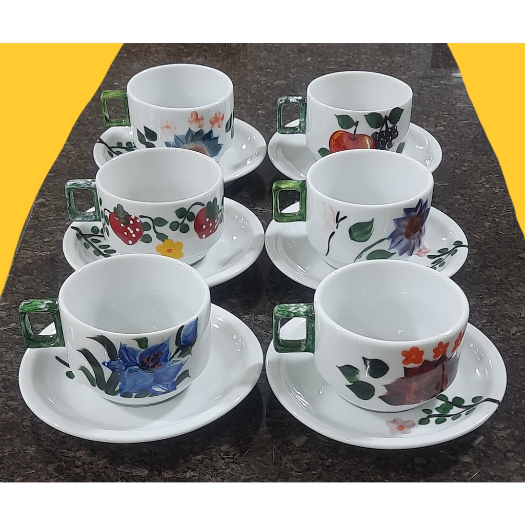 Jogo 6 xícaras de Café e Chá com pires - 150 ml Empilháveis - Porcelana Decorada | Shopee Brasil