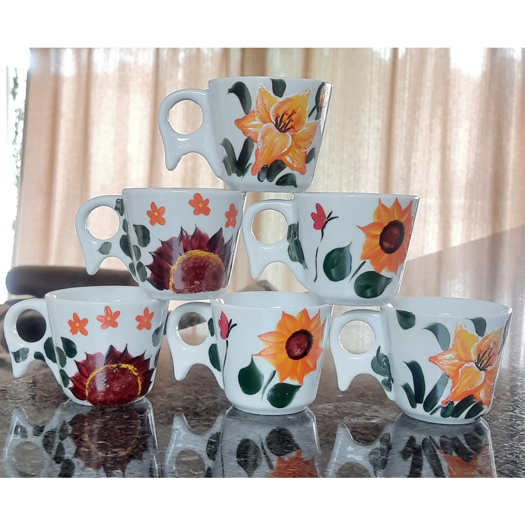 kit 6 xícaras chá/café 190ml - Cabo prático - Porcelana decorada | Shopee Brasil