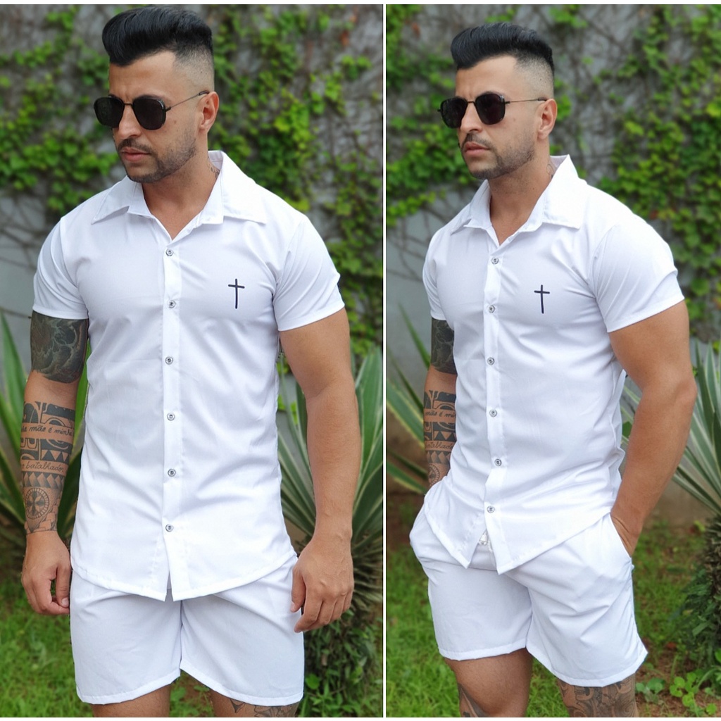 Conjunto Praia Branco Camisa e Short Masculino Tecido Tactel com ...