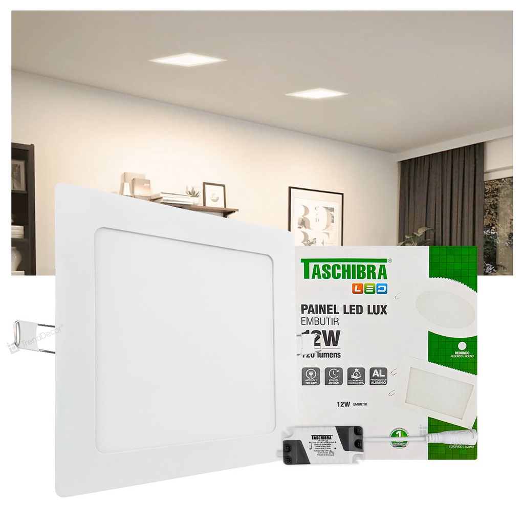 Painel LED Taschibra LUX 12W Quadrado Embutir Iluminação Eficiente e ...