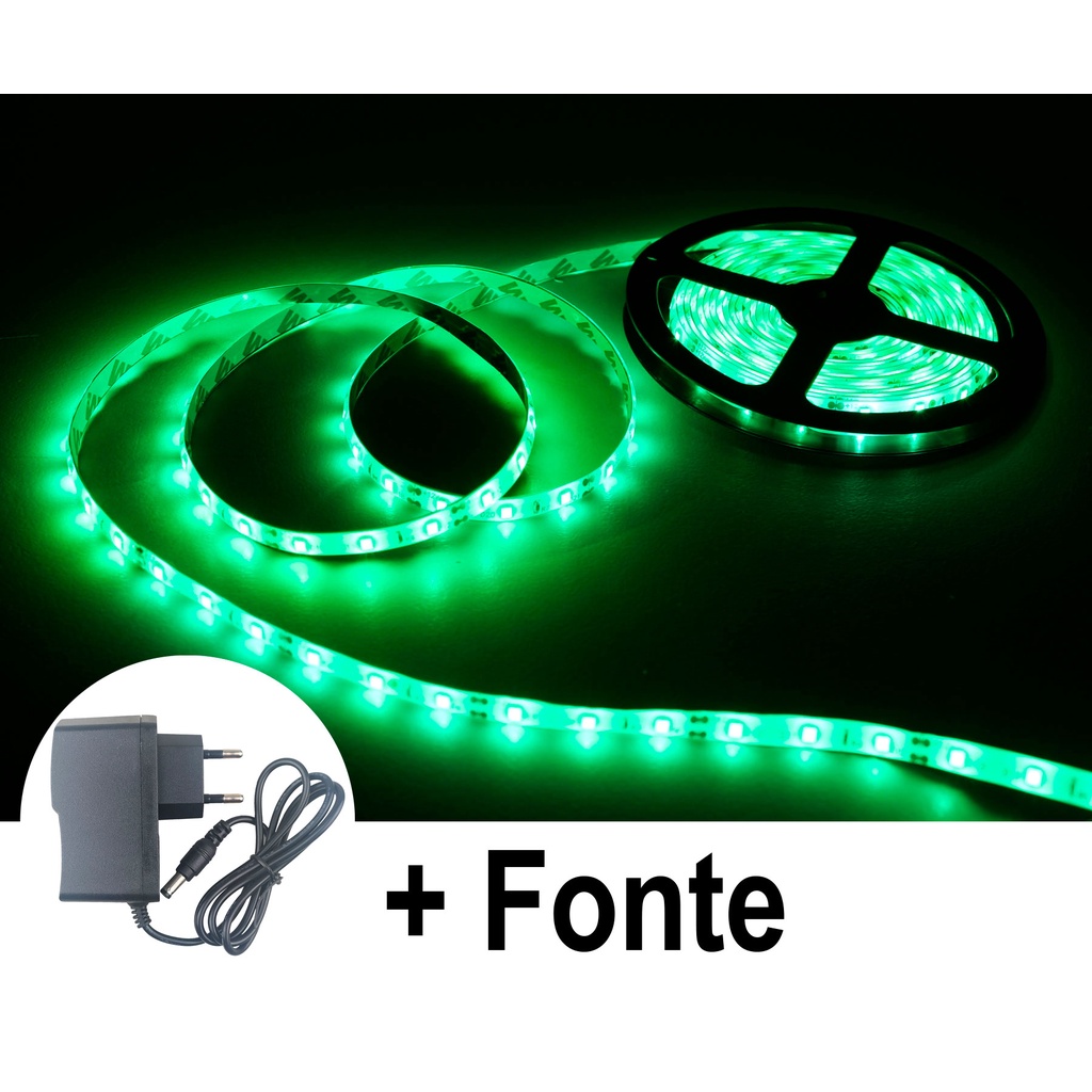Fita LED Verde 3528 300 Leds 5 Metros 12V 2835 com Fonte | Shopee Brasil