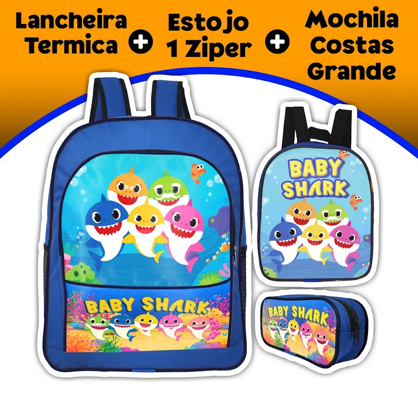 KIT ESCOLAR COMPLETO Lancheira Estojo e MOCHILA GRANDE Baby Shark AZM ...