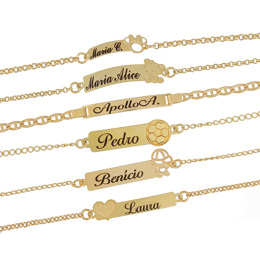 pulseira infantil bebe nome gravado personalizada banhada a ouro 18 k ...