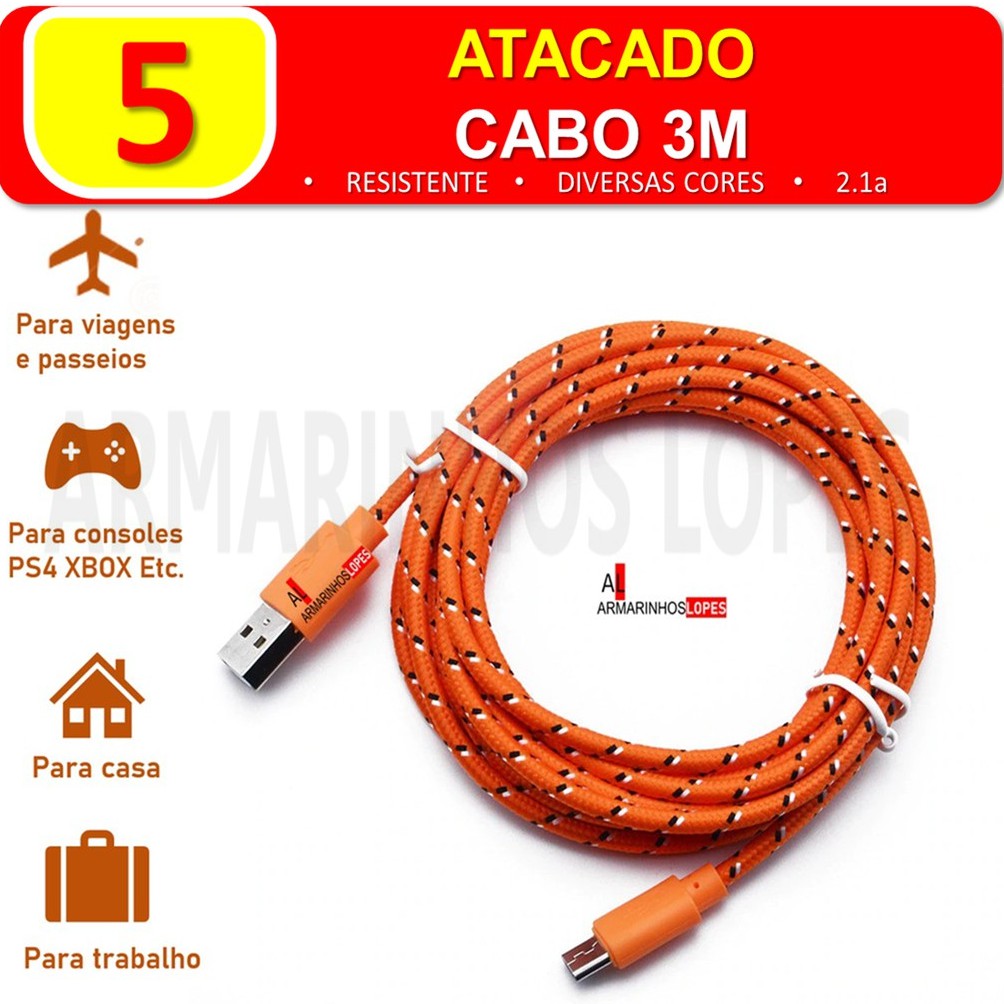 Atacado 5 Cabos Micro USB 3 METROS Original | Shopee Brasil