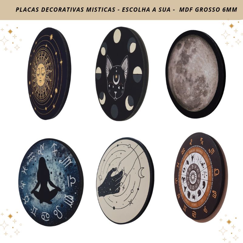Quadro Místico - Placa decorativa Mais Grossa e Resistente - Signos Sol Fases da Lua bruxa wicca ...