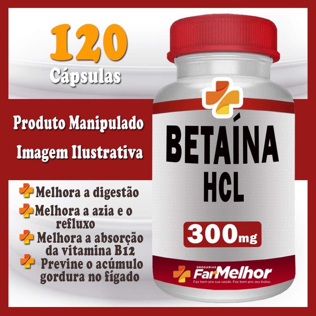 Betaína Hcl 300mg 120 Cápsulas Manipuladas | Shopee Brasil