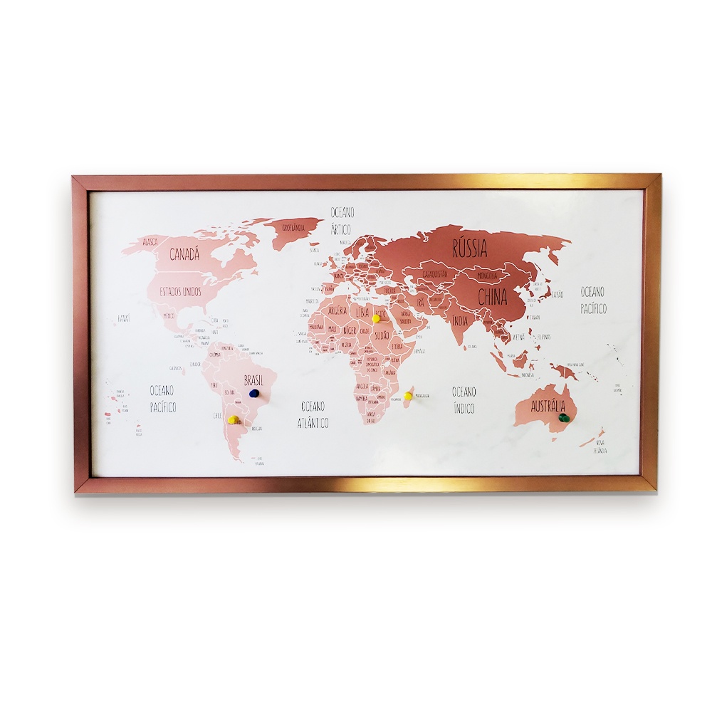 Quadro Decorativo Mapa Mundi Pin Pinar Viagens Com Pinos Rosé | Shopee ...