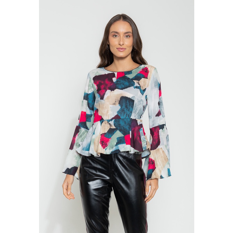 Camisa Blusa Estampada Feminina Manga Longa Flare Social - BB0194 ...