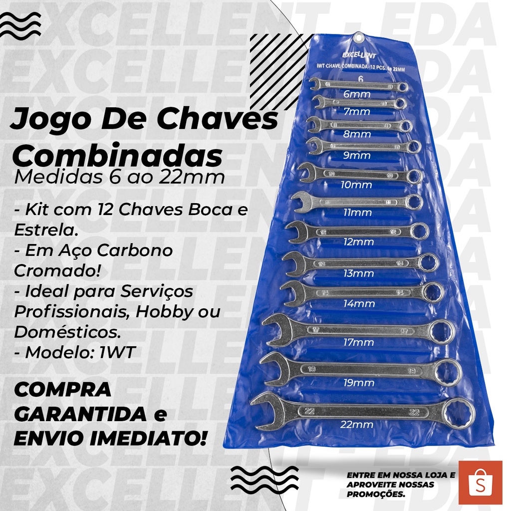 Jogo Kit de Chaves Combinadas Boca Estrela e Fixa Resistente 12 Peças 6 ...