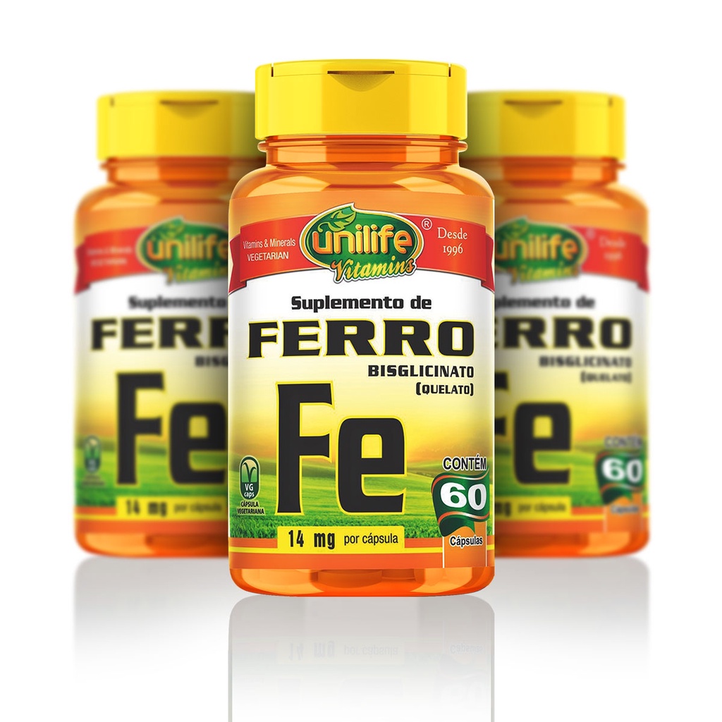 Suplemento de Ferro Quelato (Bisglicinato) 14mg por cápsula contém 60 ...