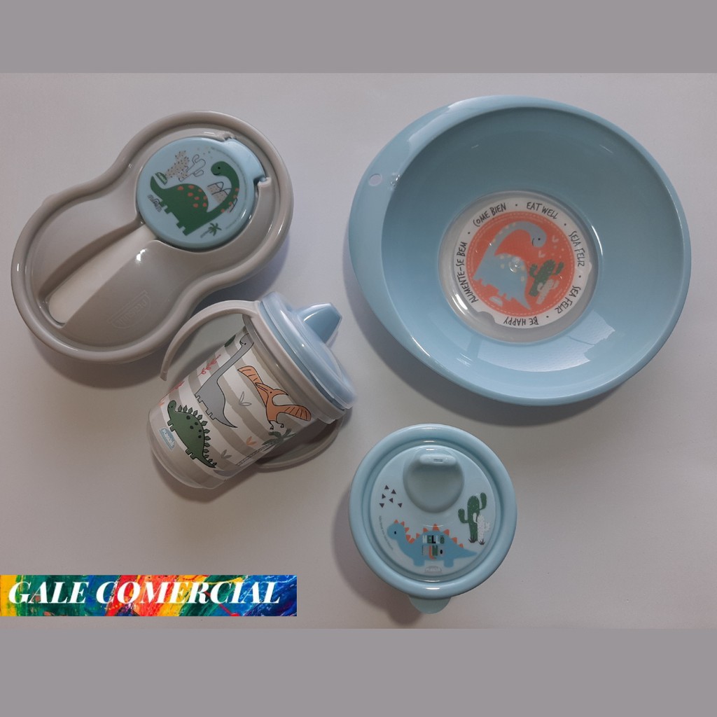 Kit Caneca+pote Papinha+prato Oliver Azul Dino+copo Brinde | Shopee Brasil