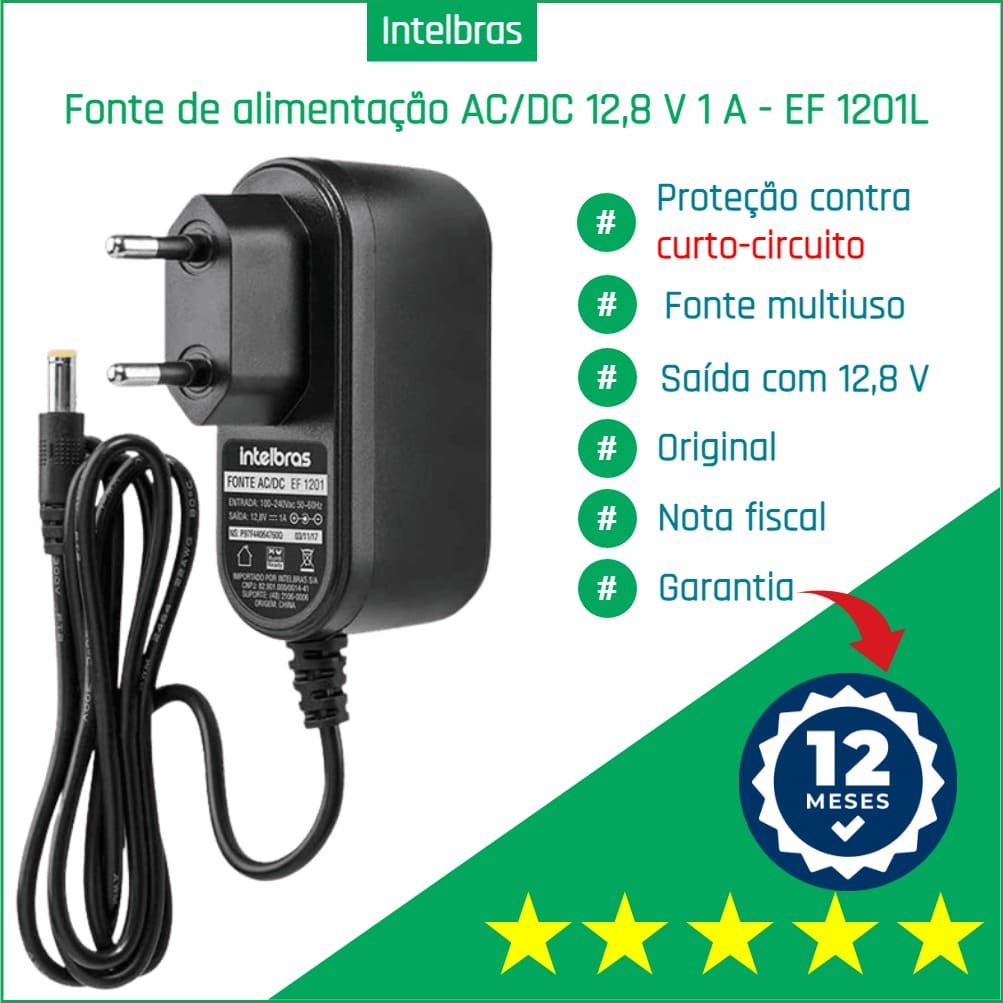 Fonte de alimentação AC/DC 12,8 V 1 A - EF 1201L Intelbras | Shopee Brasil