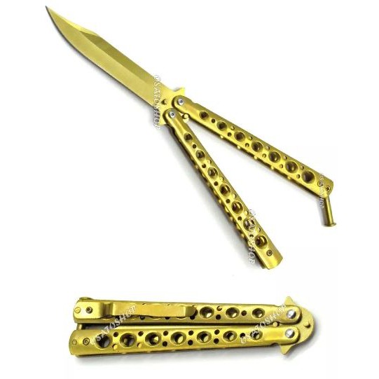 Canivete Faca Butterfly Borboleta Afiado Dourado Gold - Faz a Boa!