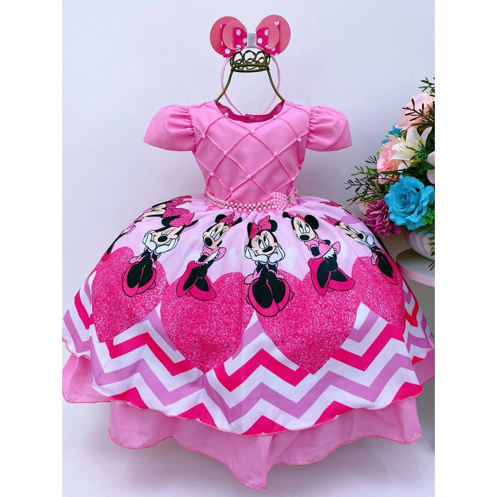 Vestido Minnie rosa com Tiara , temático luxo | Shopee Brasil