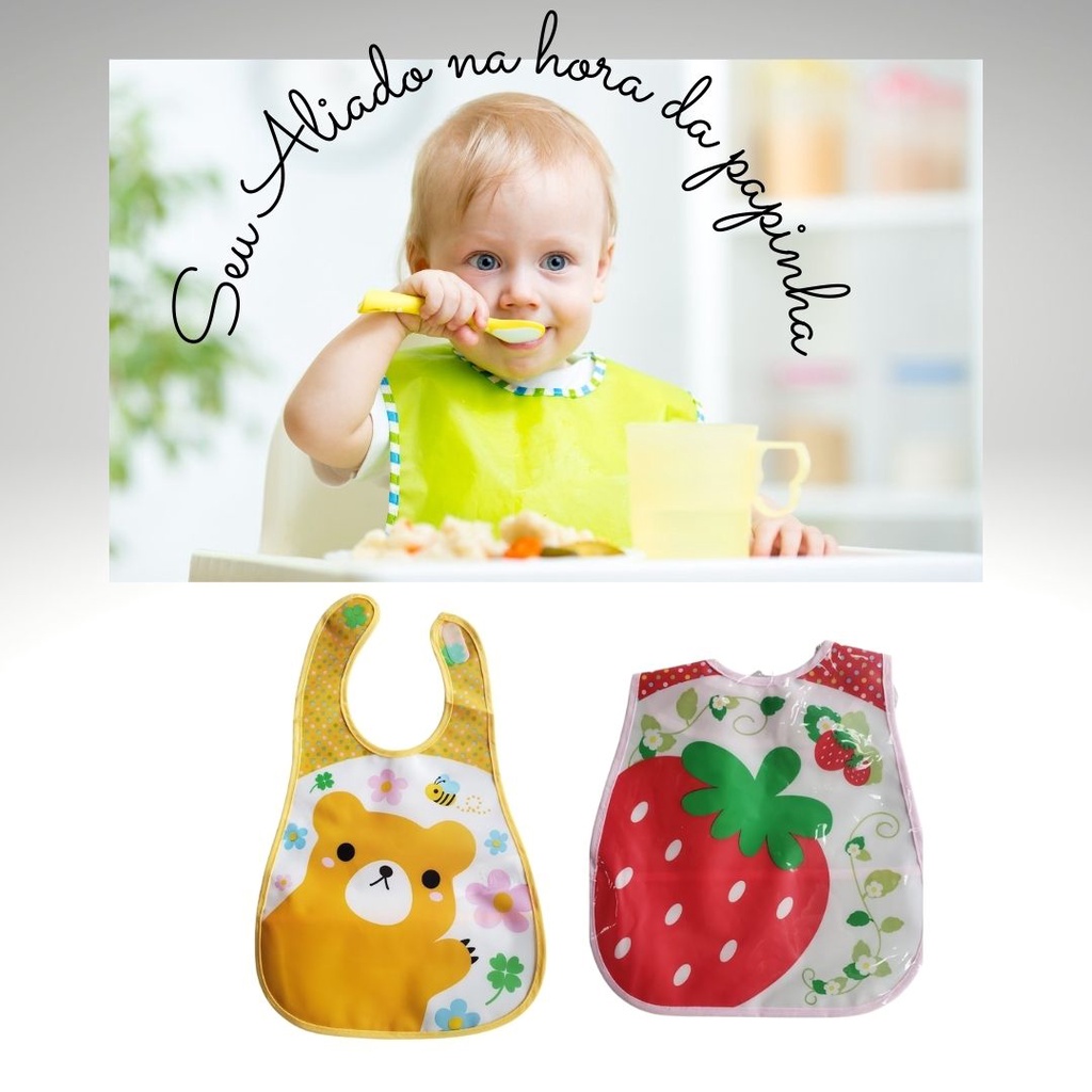 Babador Infantil com pega migalhas - modelo Urso ou Morango em material ...