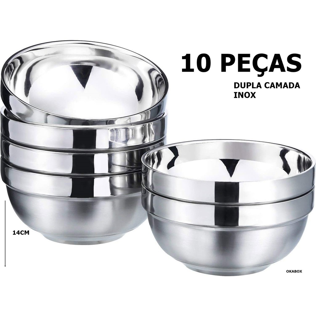 Kit 10 Tigela Bowl Aço Inox 14cm Profissional Fundo Duplo POTE em aço ...