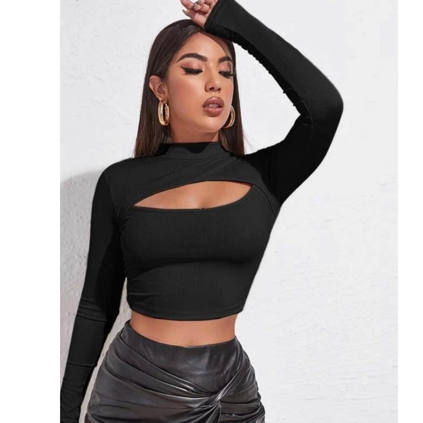 Cropped Manga Longa Blusa Feminina Gola Alta Decote Vazado Moda Gringa | Shopee Brasil