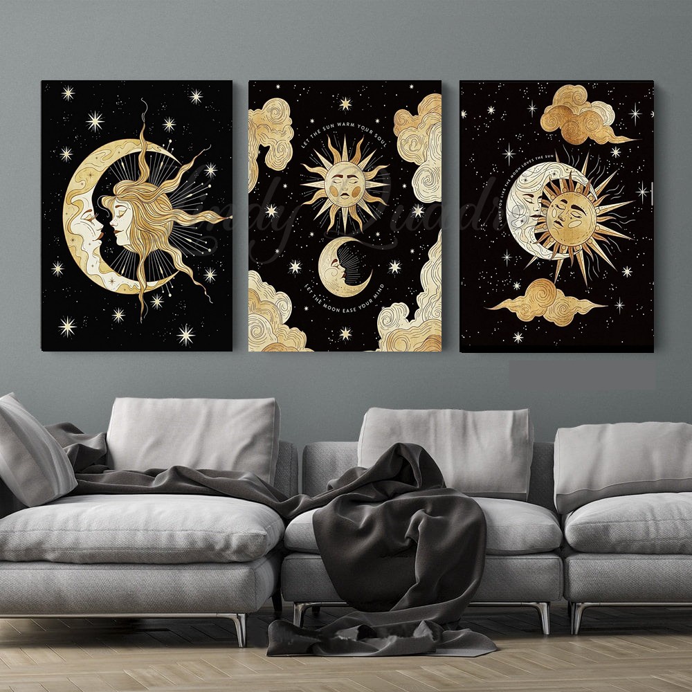 Kit de Quadro Mosaico 3 Peças Decorativo 40x60 Sol e Lua/Astros ...