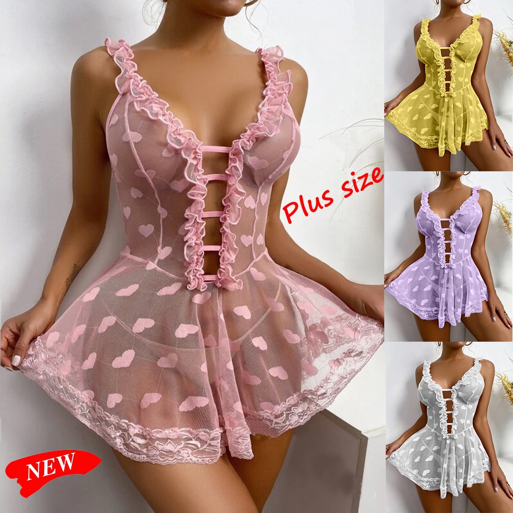 Plus Size Ladies Sling Lace Lingerie Vestido Moda Ruffle Pijamas