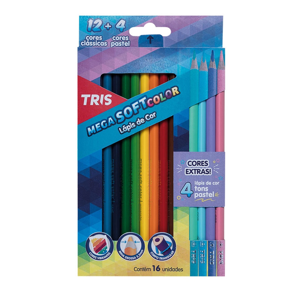 Lápis De Cor Mega Soft Color - 12 Cores + 4 Lápis Pastel - Tris ...