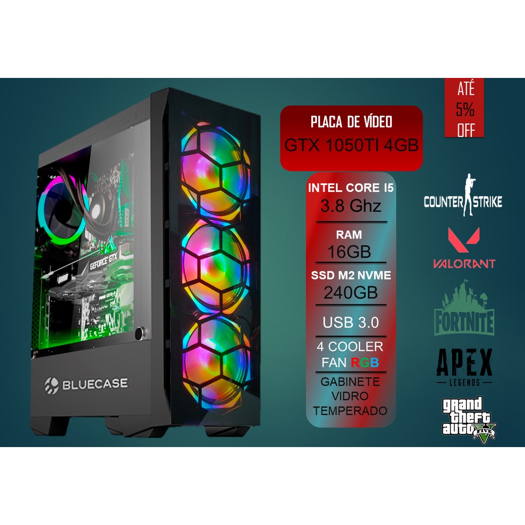 Computador PC Gamer Core I5 3.8Ghz RAM 16GB NVIDIA GTX 1050TI 4GB SSD ...