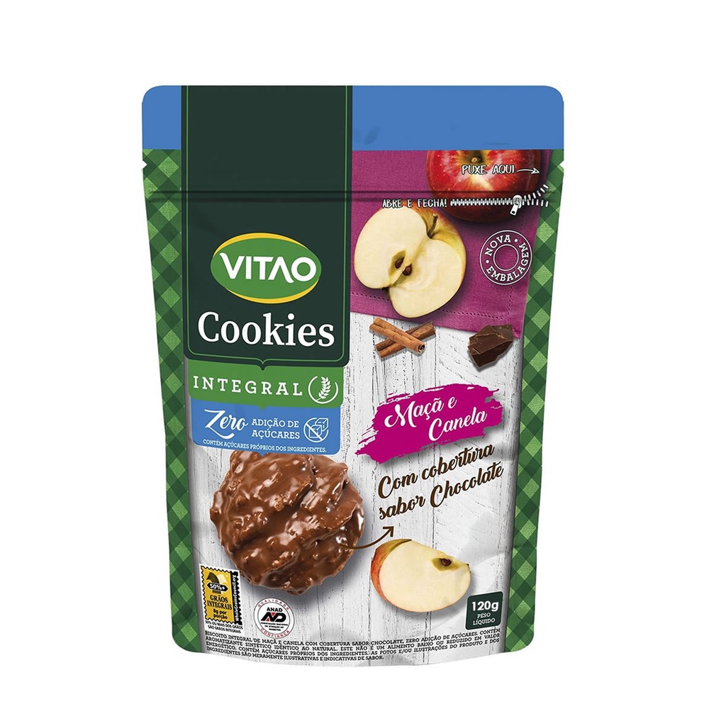 Cookies Integral de Maça com Canela e Chocolate Zero 120g - Vitao ...