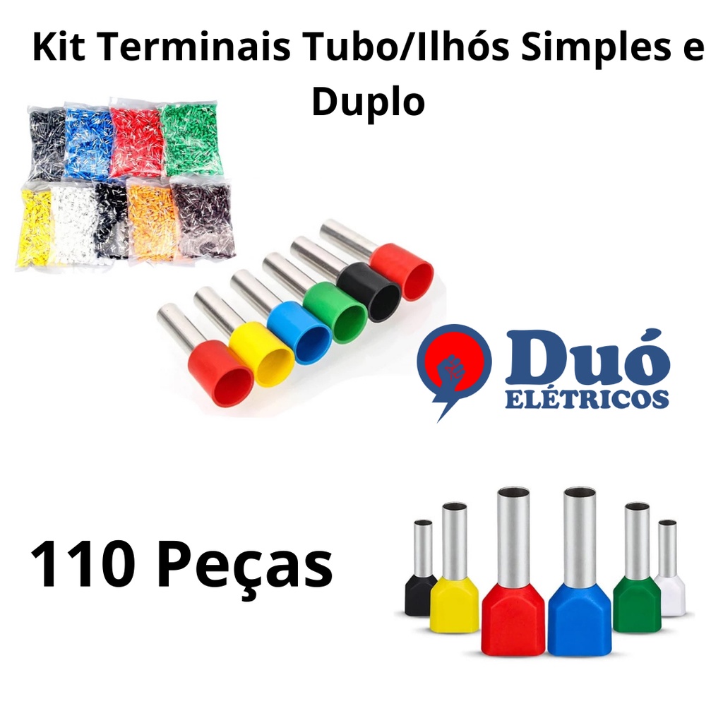 Kit Terminais Elétricos Tubo/Ilhós - Simples e Duplo - (20 pçs - 1,5mm ...
