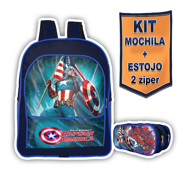 KIT ESCOLAR Mochila e ESTOJO DUPLO GRANDE menino Capitão America AZM ...