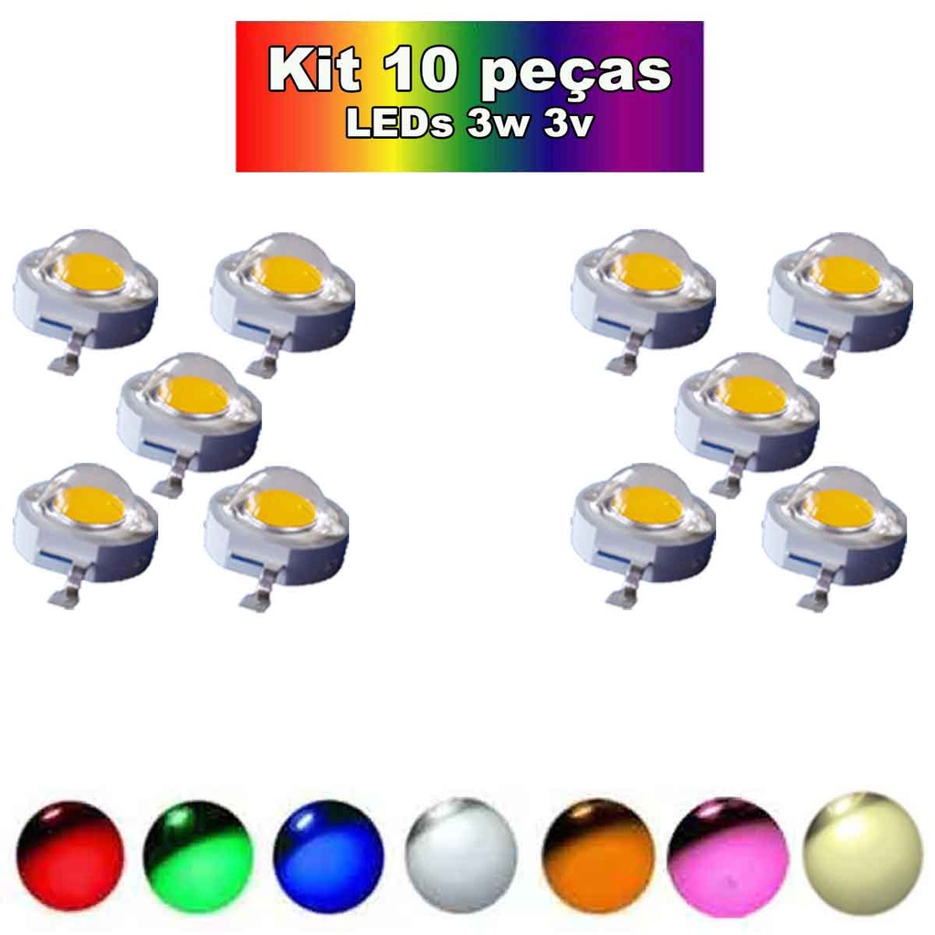 Chip Led 3W 3V Azul Verde Vermelho Amarelo Brancos UV e Full Spectrum ...