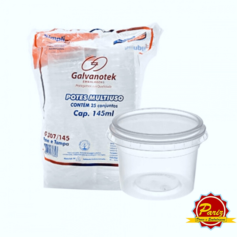 KIT com 25 Potes e Tampa Redondo 145ml G307 BPA FREE Transparente ...