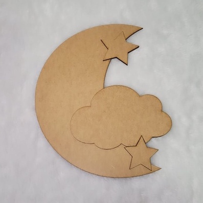 01 Placa meia-Lua MDF 30cm com Estrelas e Nuvem recortado a Laser MDF ...