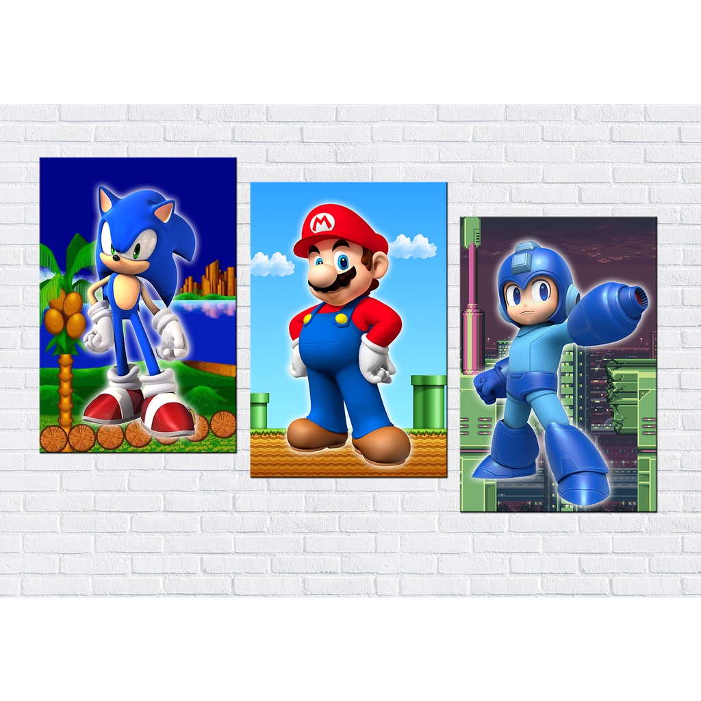 Quadros Decorativos Personagens Gamers Sonic Super Mario E Megaman