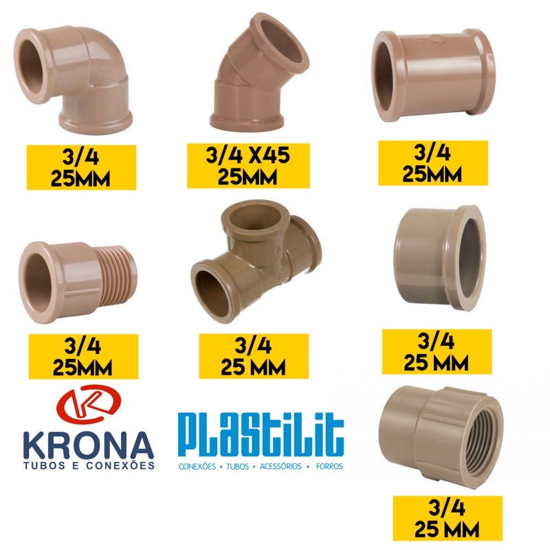 Conexões de Agua 25mm 3/4'' | Adaptador - Caps - Cotovelo 45º - Cotovelo 90º - Luva LL - Luva LR ...