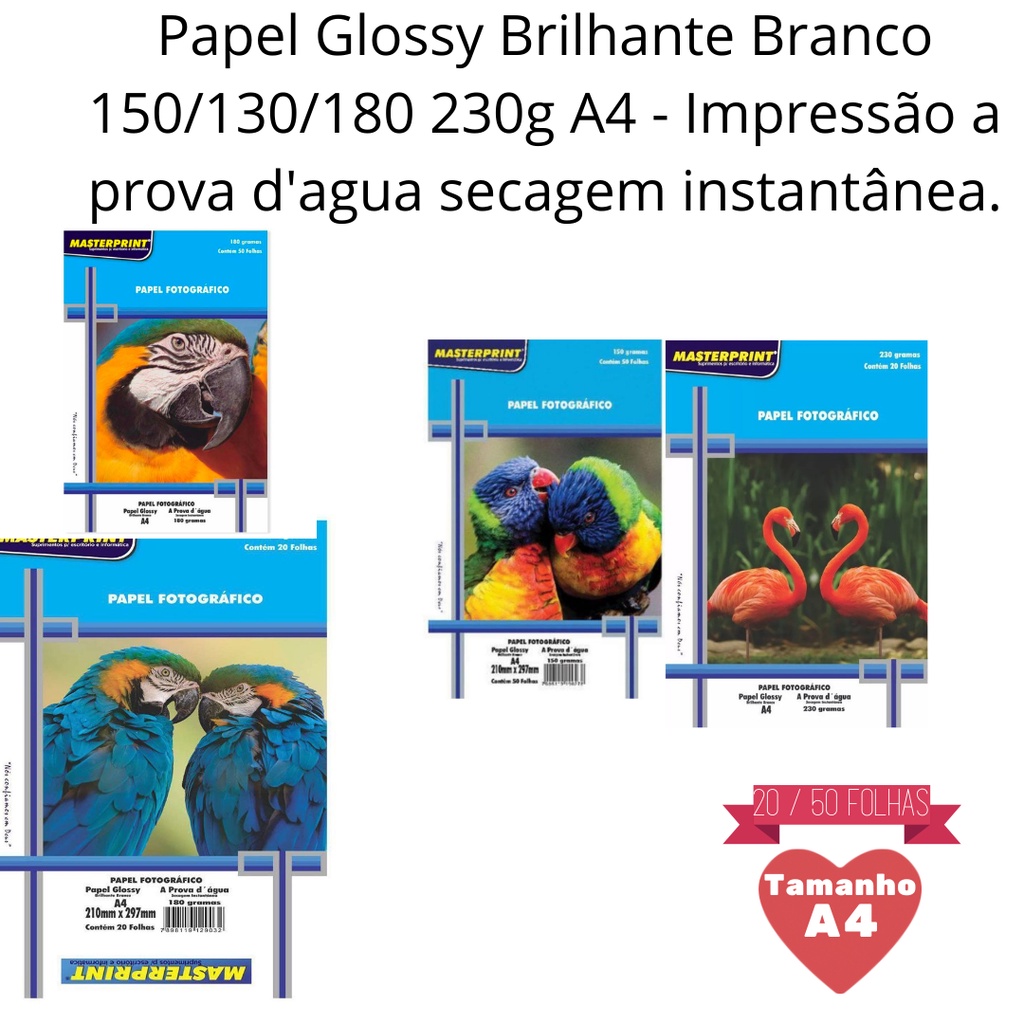 Papel Fotográfico Glossy Brilho 80g/115g/130g/180g/230g A4 - Pacote c/20 Folhas Papel ...