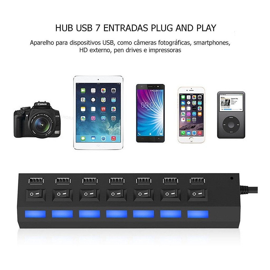 Hub Usb 2.0 7 Portas Pen Drive Teclado 480mbps Hd | Shopee Brasil