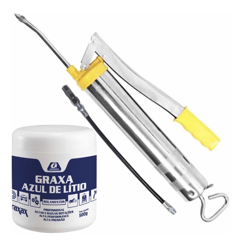 Aplicador Bomba de Graxa c/ Mangueira Flexivel + Graxa Azul 500g ...