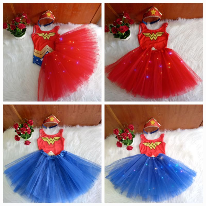 kit fantasia infantil mulher maravilha com 3 peças saia com led body ...