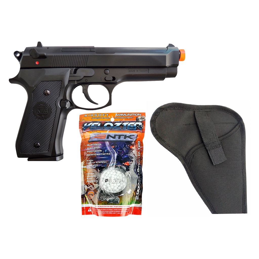 Pistola Airsoft Spring 6mm KWC M92 Beretta Com 2000 BBs Nautika Velozter 0.12g e Coldre de Cinto ...