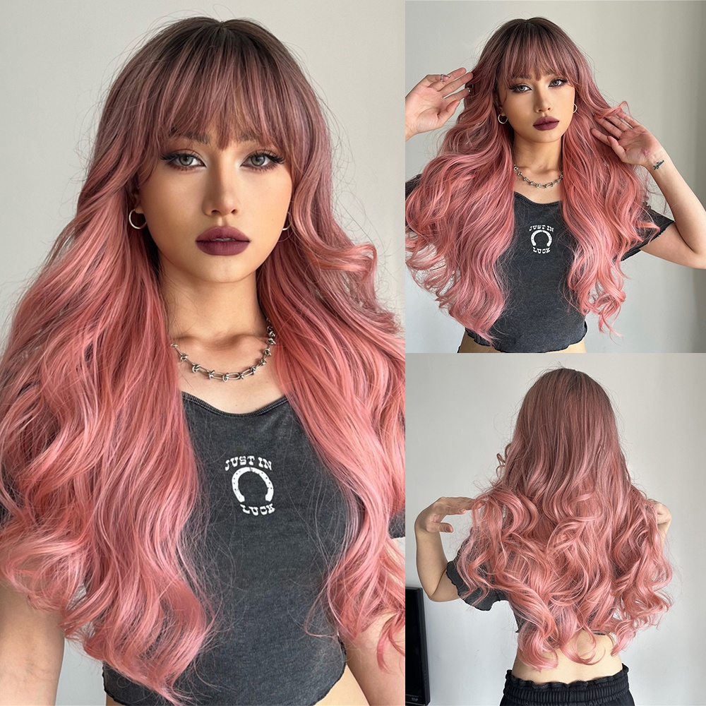 Long Body Wave Ombre Brown Pink Perucas Sintéticas com Bangs Onda ...