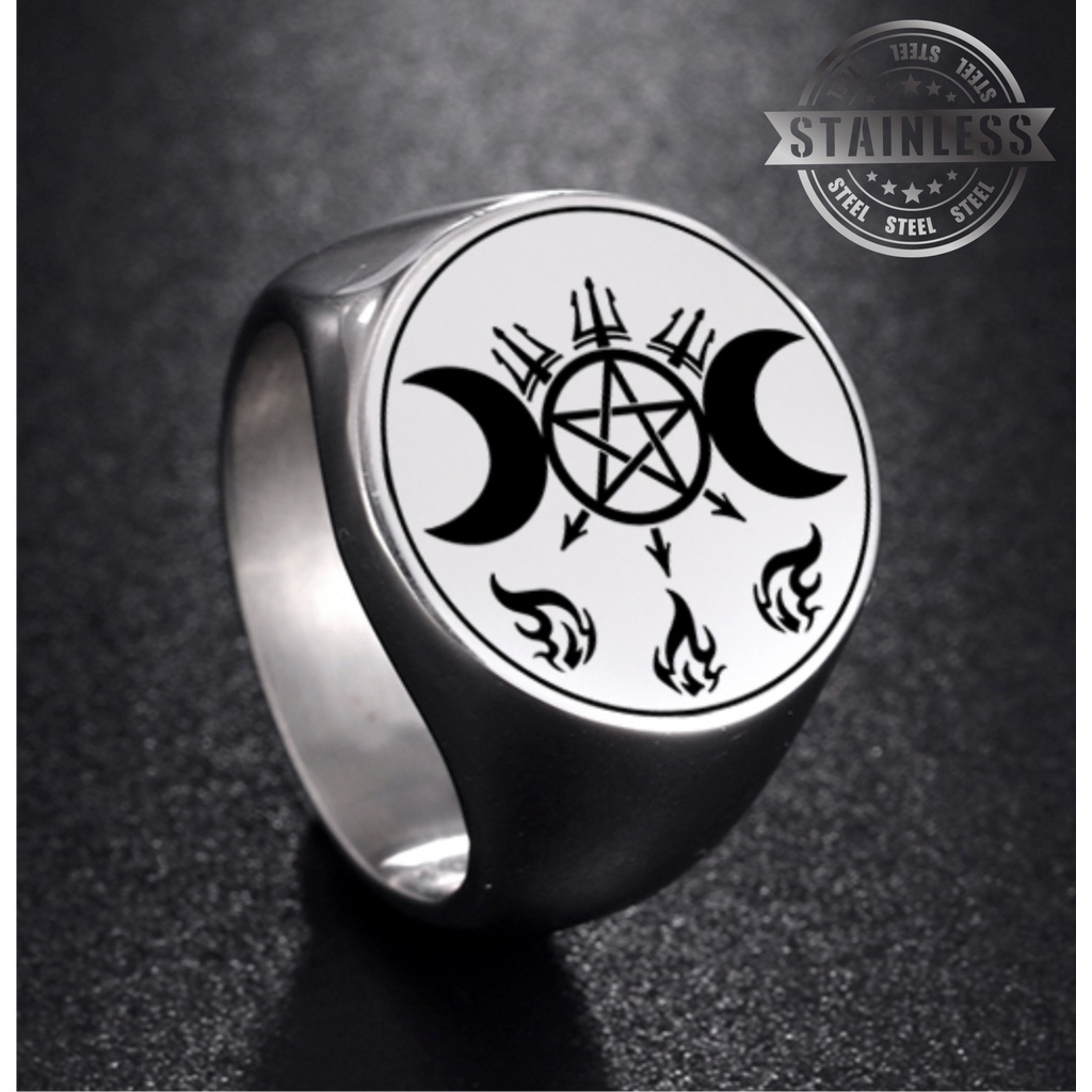 Anel Triluna Wicca Lua Tríplice Deusa Tripla Pentagrama Proteção Aço ...
