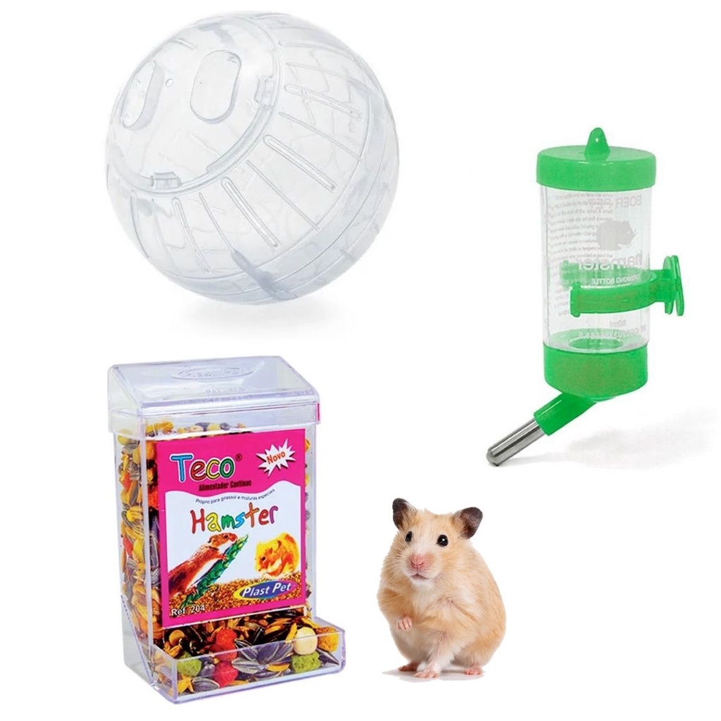Kit Hamster Ball + Bebedouro Com Bilha + Comedouro Automático | Shopee Brasil