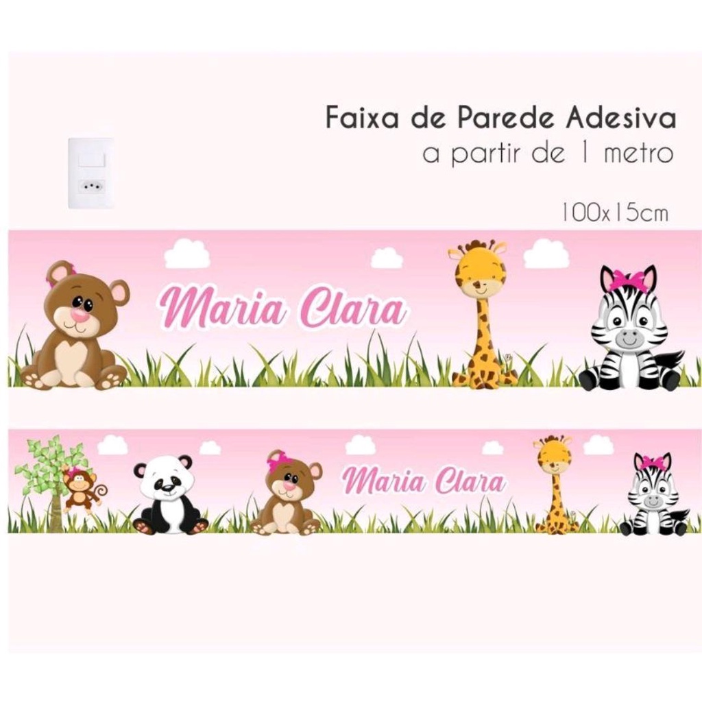 Faixa Decorativa Adesiva Infantil Personalizada Menina Rosa Animais da ...