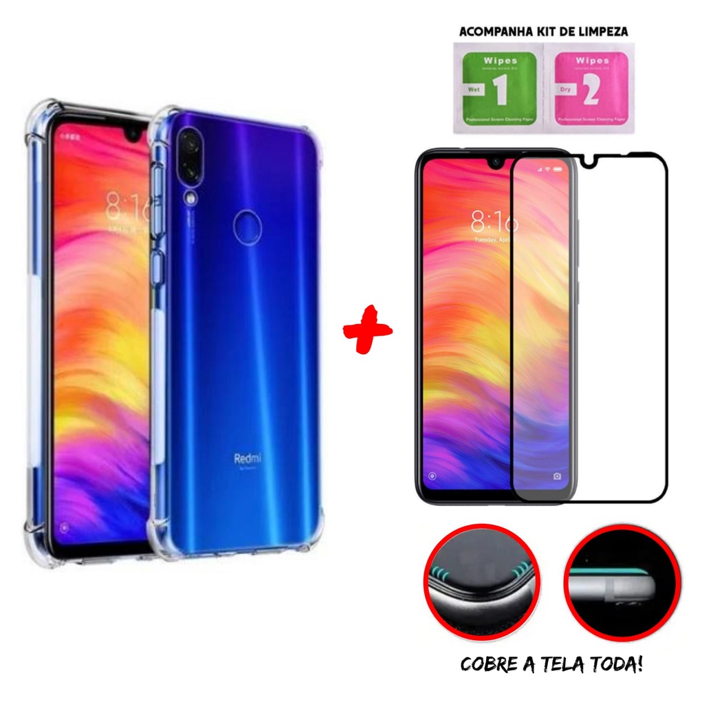 Kit Capinha Transparente Anti-Impacto Para Xiaomi Redmi Note 7 + Película 3D de Vidro | Shopee ...