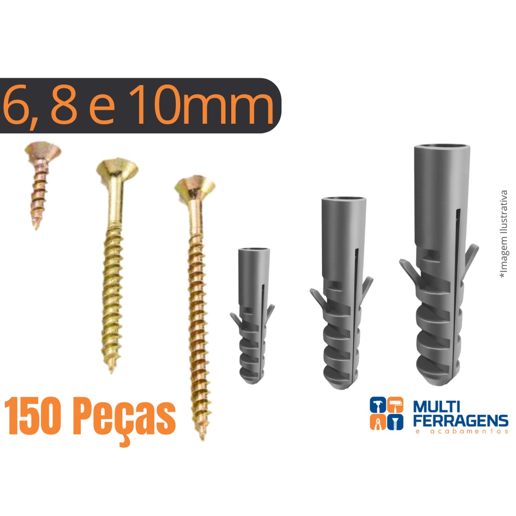 Kit Parafusos E Buchas 6mm 8mm E 10mm 150 Peças Diferente Tamanho
