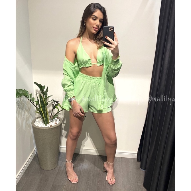 Conjunto Lua Trio Curto Praia 2022 Moda Manga Longa Kimono Bufante Princesa Lastex Elastec ...