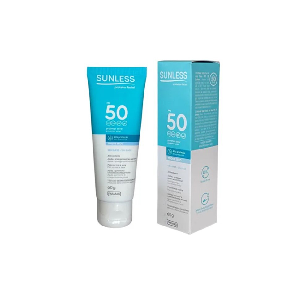 Protetor Solar facial Sem base FPS 50 toque seco 60g Sunless | Shopee ...